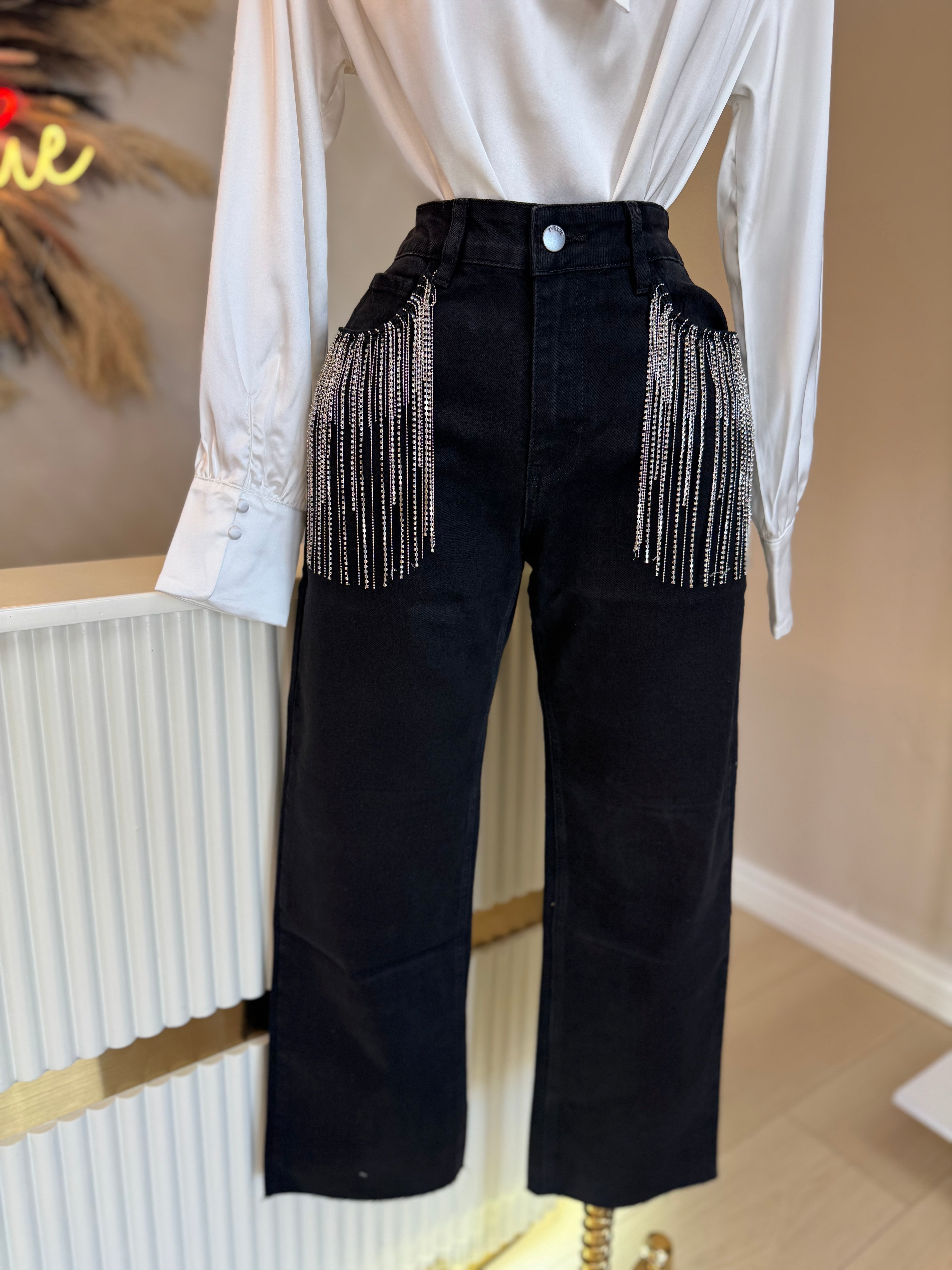 Black rhinestone fringe jeans – Fetchtique