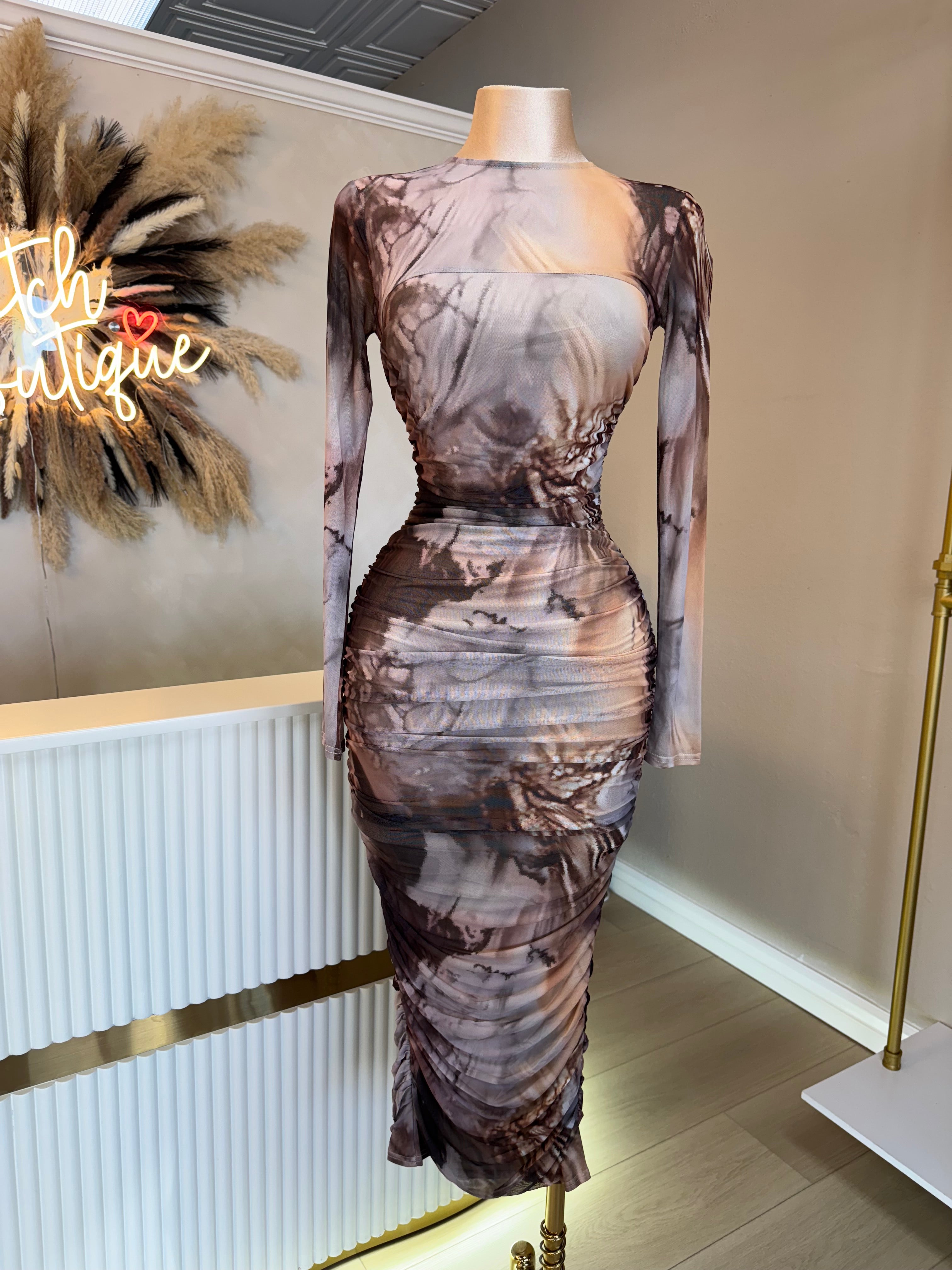 Marble mesh long sleeve midi dress – Fetchtique